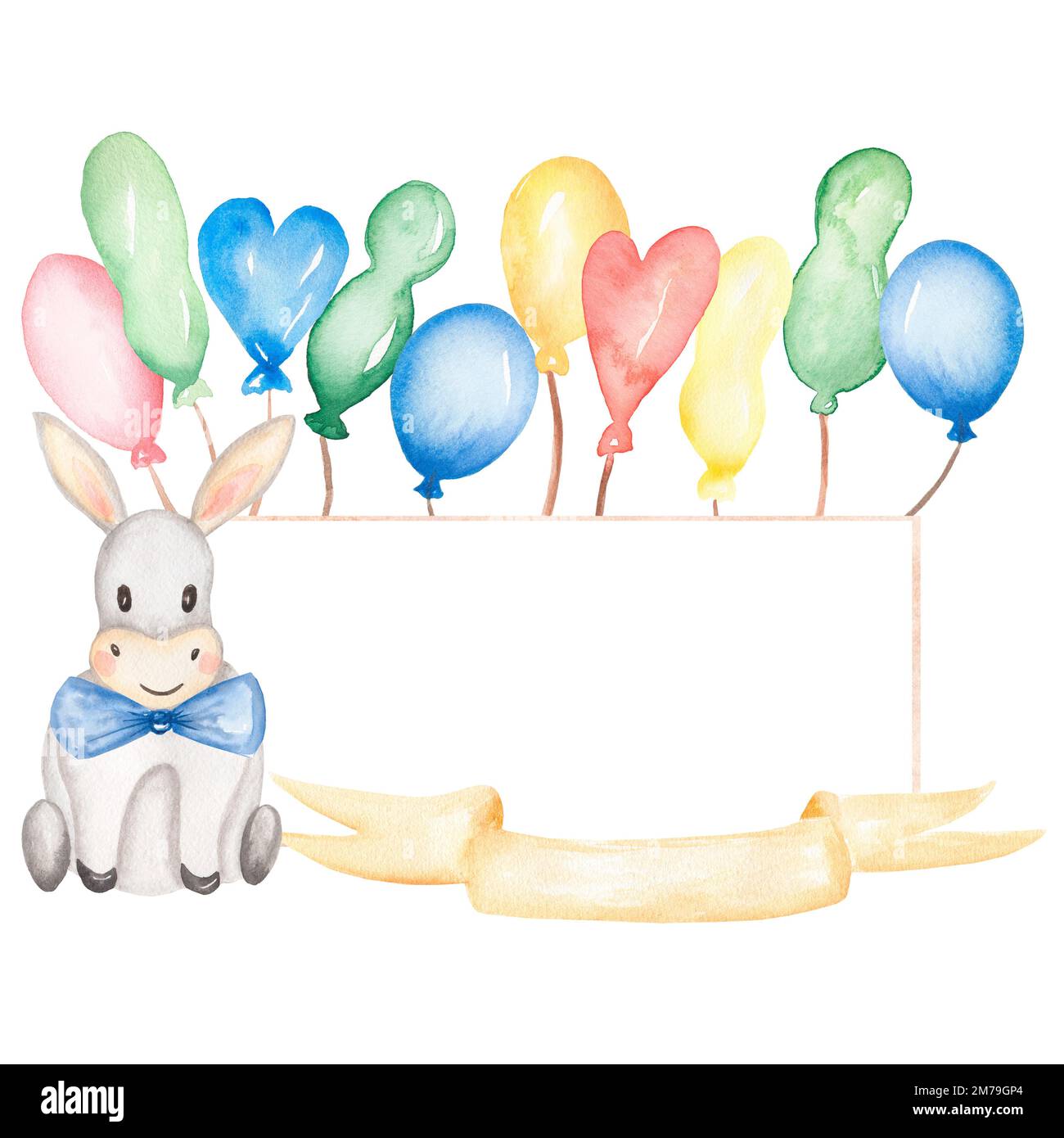 Watercolor hand painted cute donkey and balloons frame, Kids birthday ...