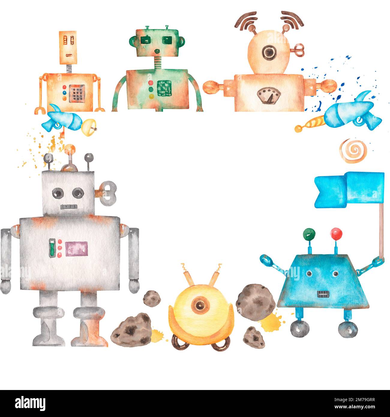 Watercolor hand painted cute space robots frame, Kids birthday cosmos ...