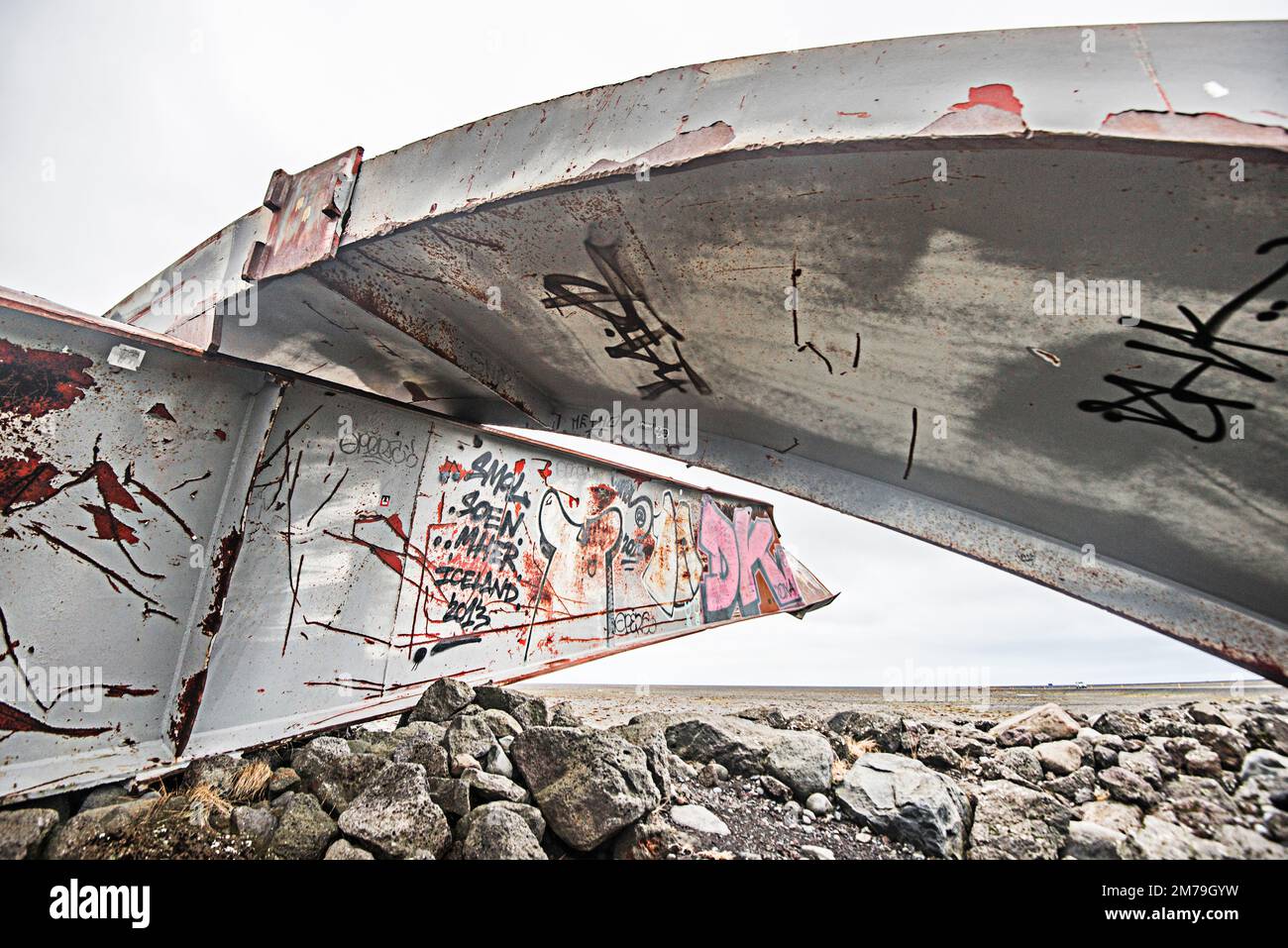 Twisted girders are all that remain of an icelandic bridge hi-res stock ...