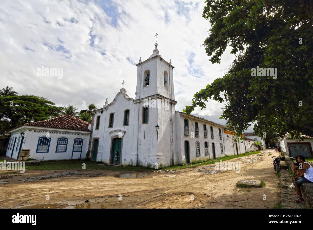 An old colonial church in Paraty in Brazil on a cloudy sky background ...