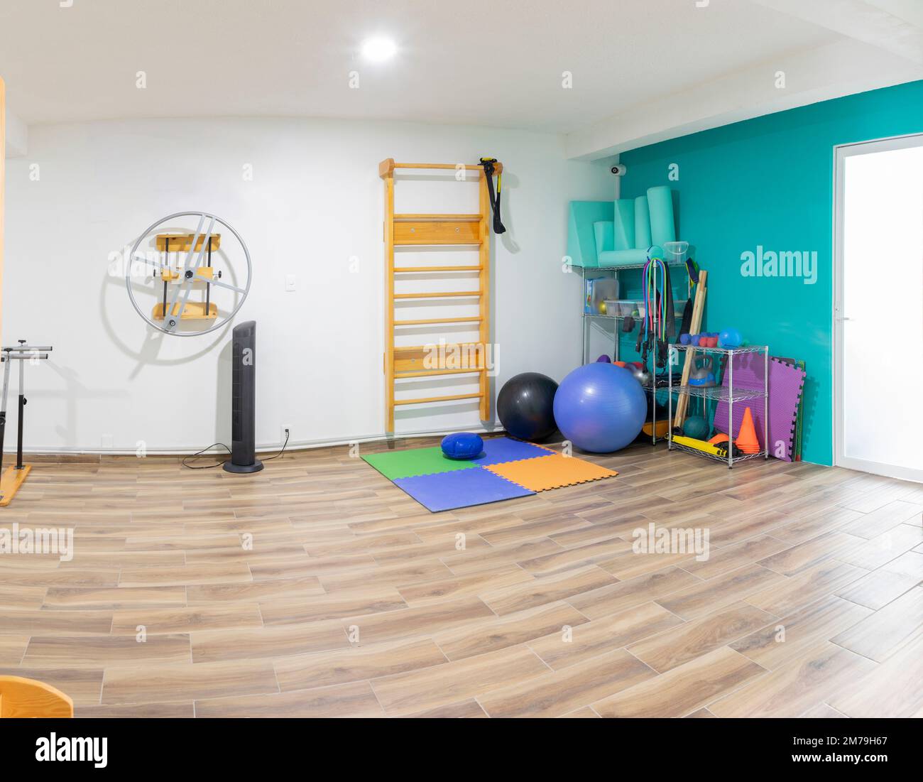 Equipment area of a rehabilitation clinic with balls, weights ...