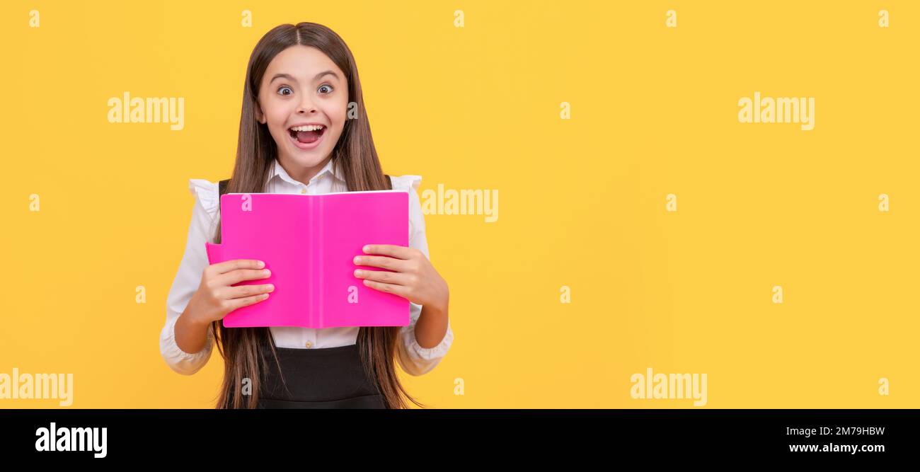 surprised teen girl in school uniform reading book, amasement. Banner ...