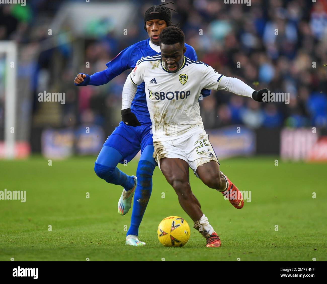 Wilfried Gnonto #29 of Leeds United under pressure from Jaden Philogene ...