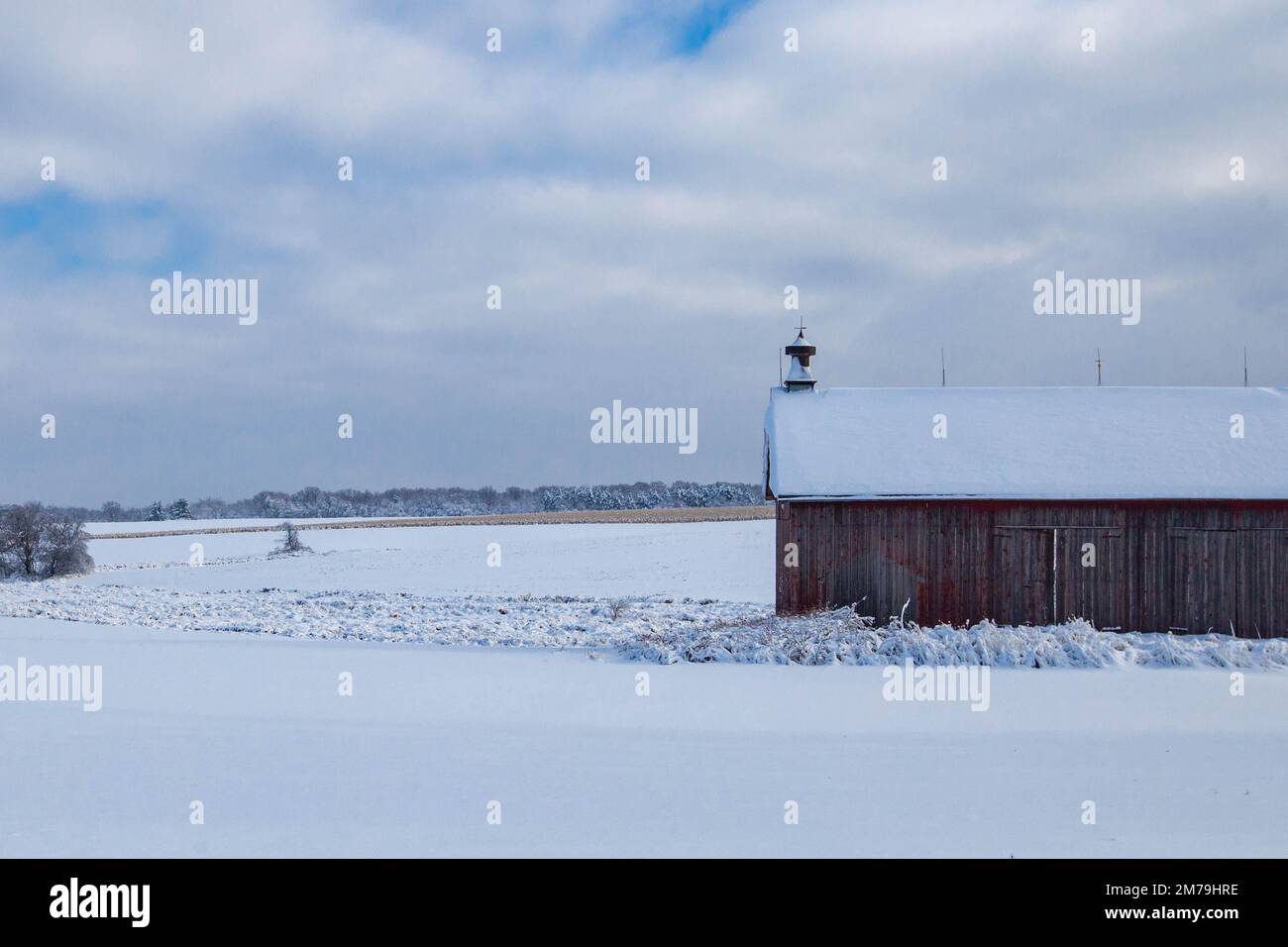 Wisconsin cornfield and barn covered with snow after a December storm ...