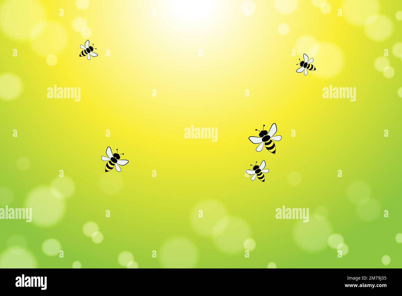 Light green, spring background with sun shine and blurry and honey bees ...