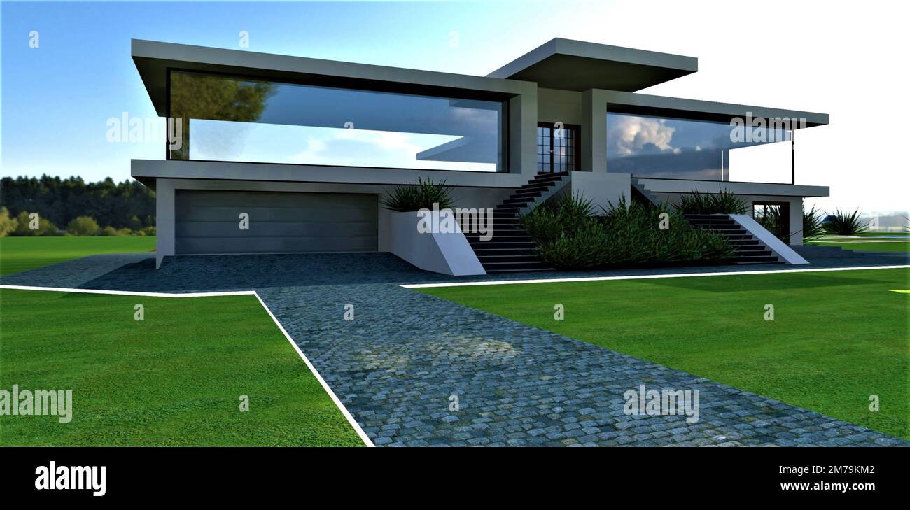 Design of the new simple cottage built on a beautiful meadow near the ...