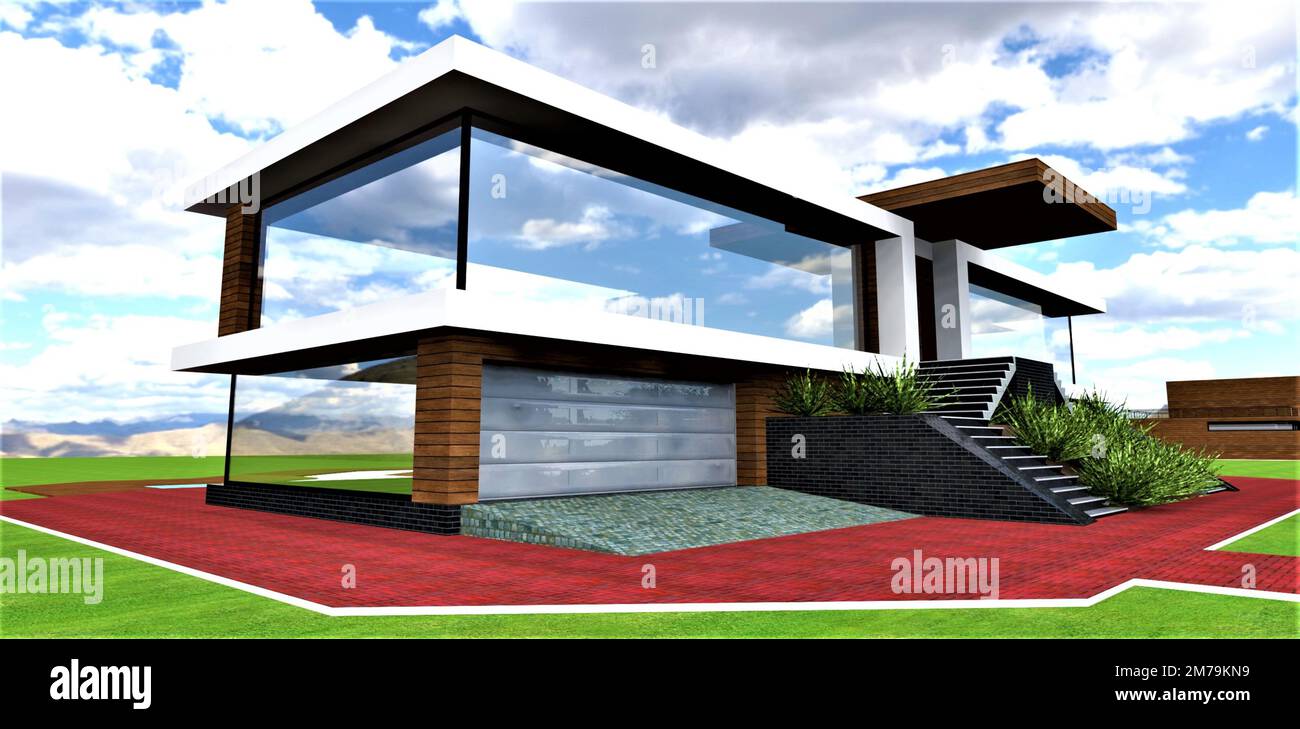 A new country family cottage with a combined facade finish of wooden ...