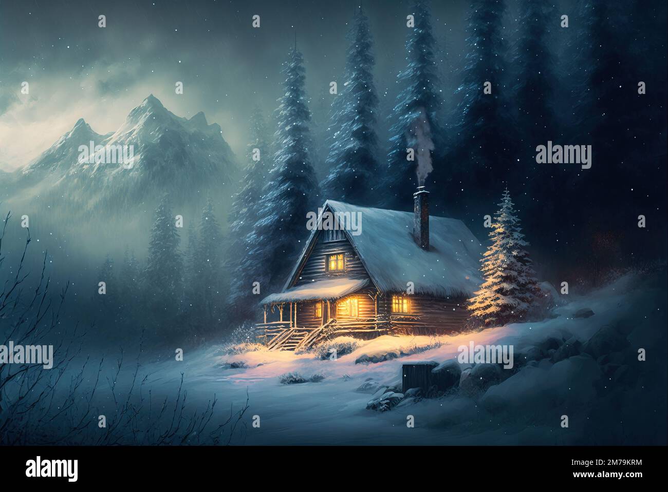 Wooden hut in wilderness surrounded by fir trees at night, snow falling ...