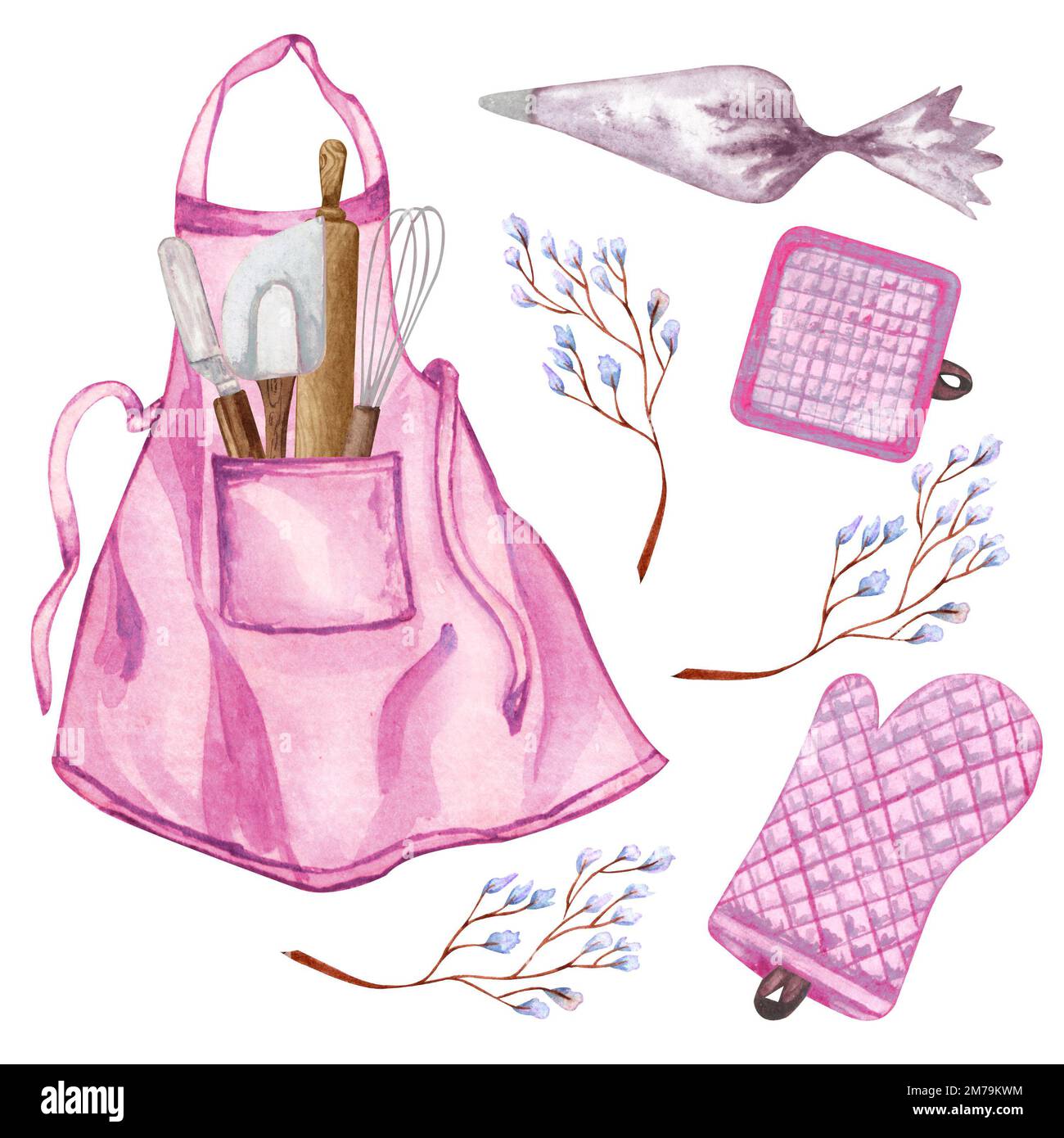 watercolor Baking set with kitchen utensils, mixer, chocolate ...