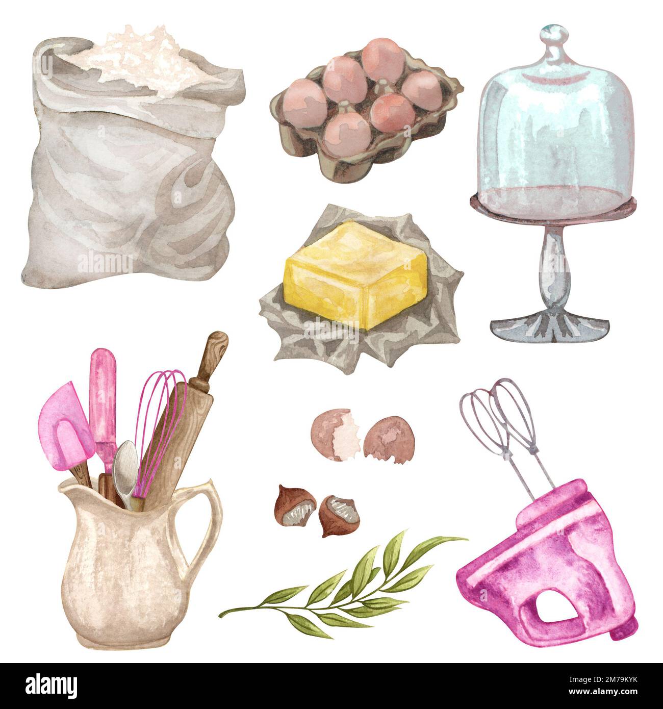 watercolor Baking set with kitchen utensils, mixer, chocolate ...