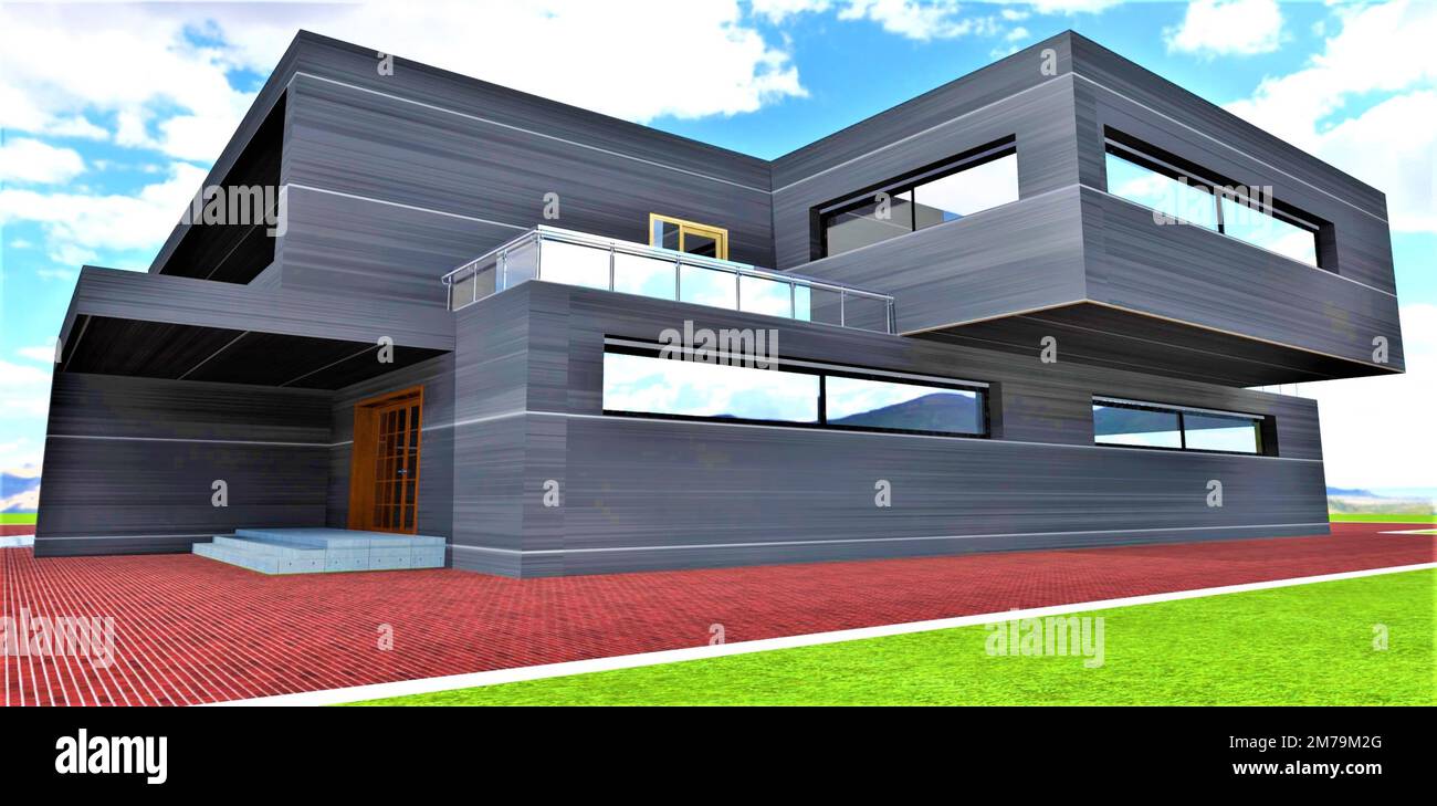 Smart modern home for wealthy Americans. Metallic finish of the facade ...