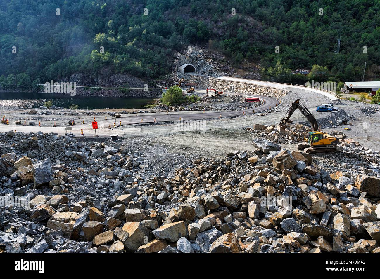 Road construction site in front of road tunnel, building a new road ...