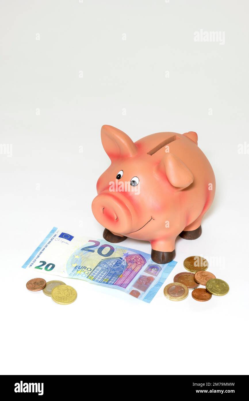 Pink piggy bank with euro note and coins, 20 Euro, cent, studio ...