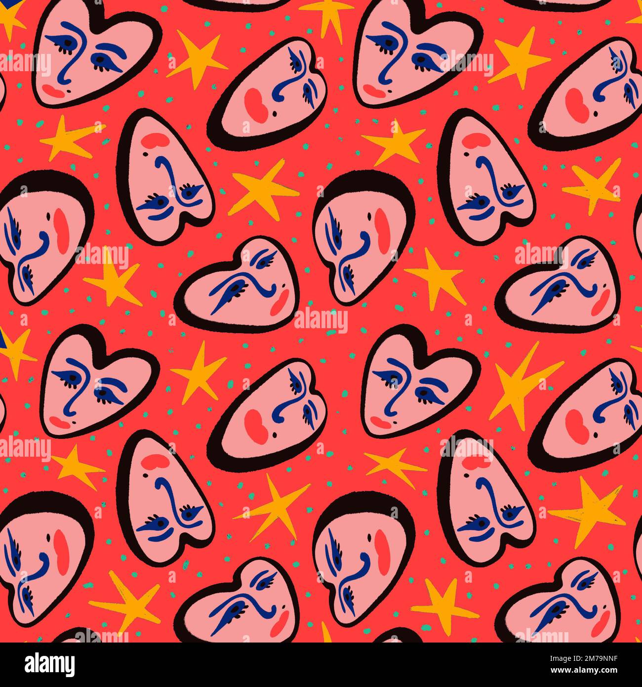 Valentines Day pattern with funky hearts. Groovy cute love characters ...