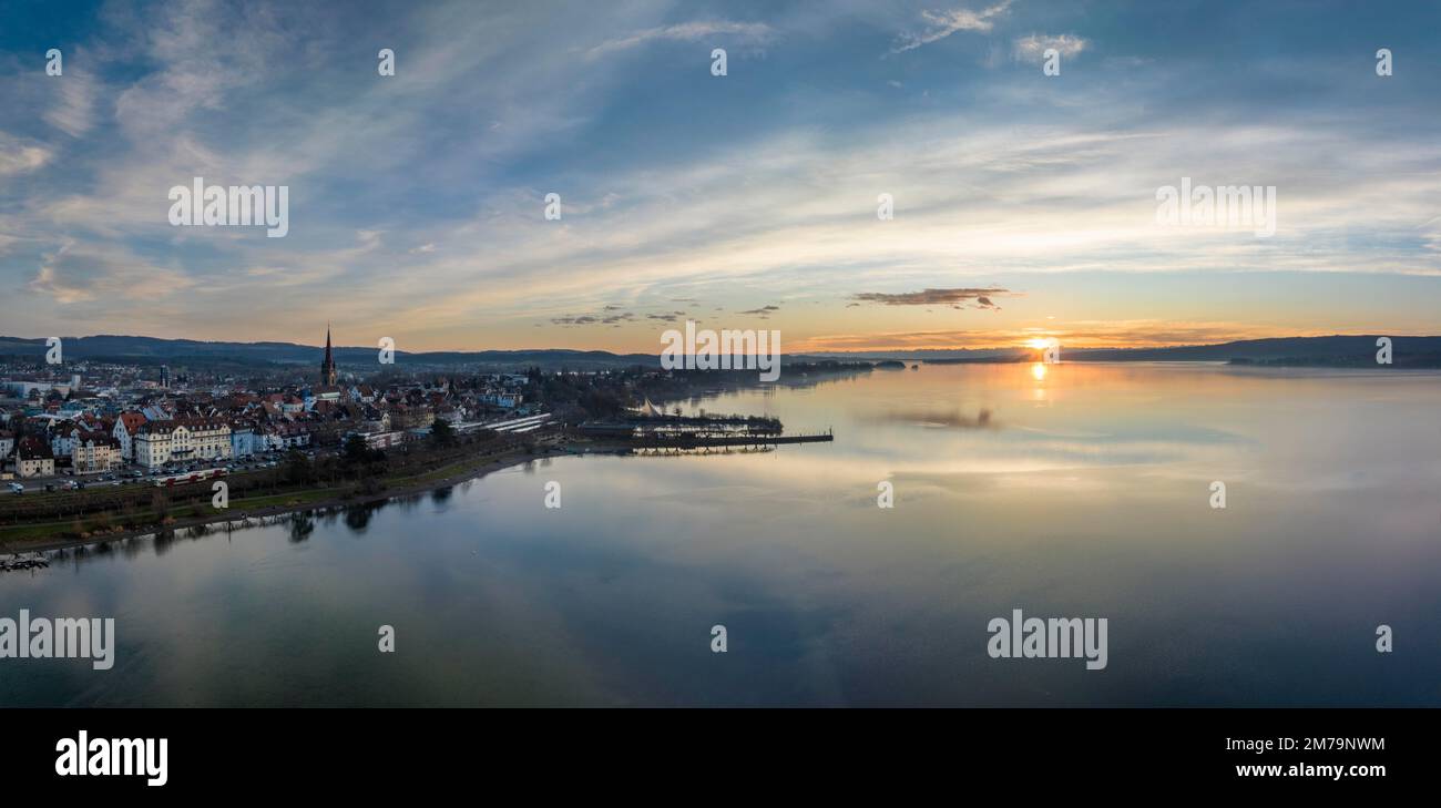 Aerial view of western Lake Constance at sunrise, with the town of ...