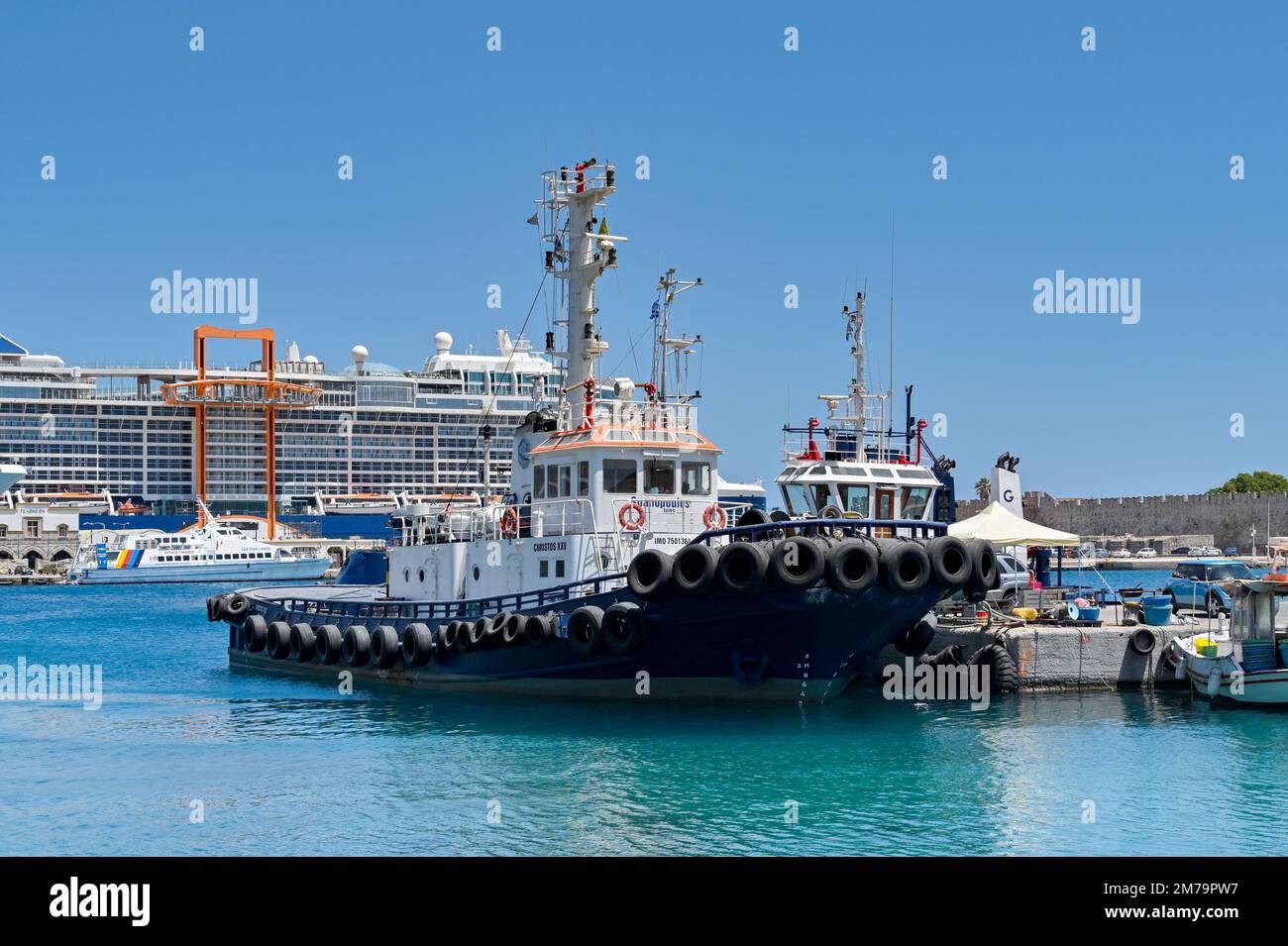 Rhodes, Greece - May 2022: Tug boat moored in the town's commercial ...