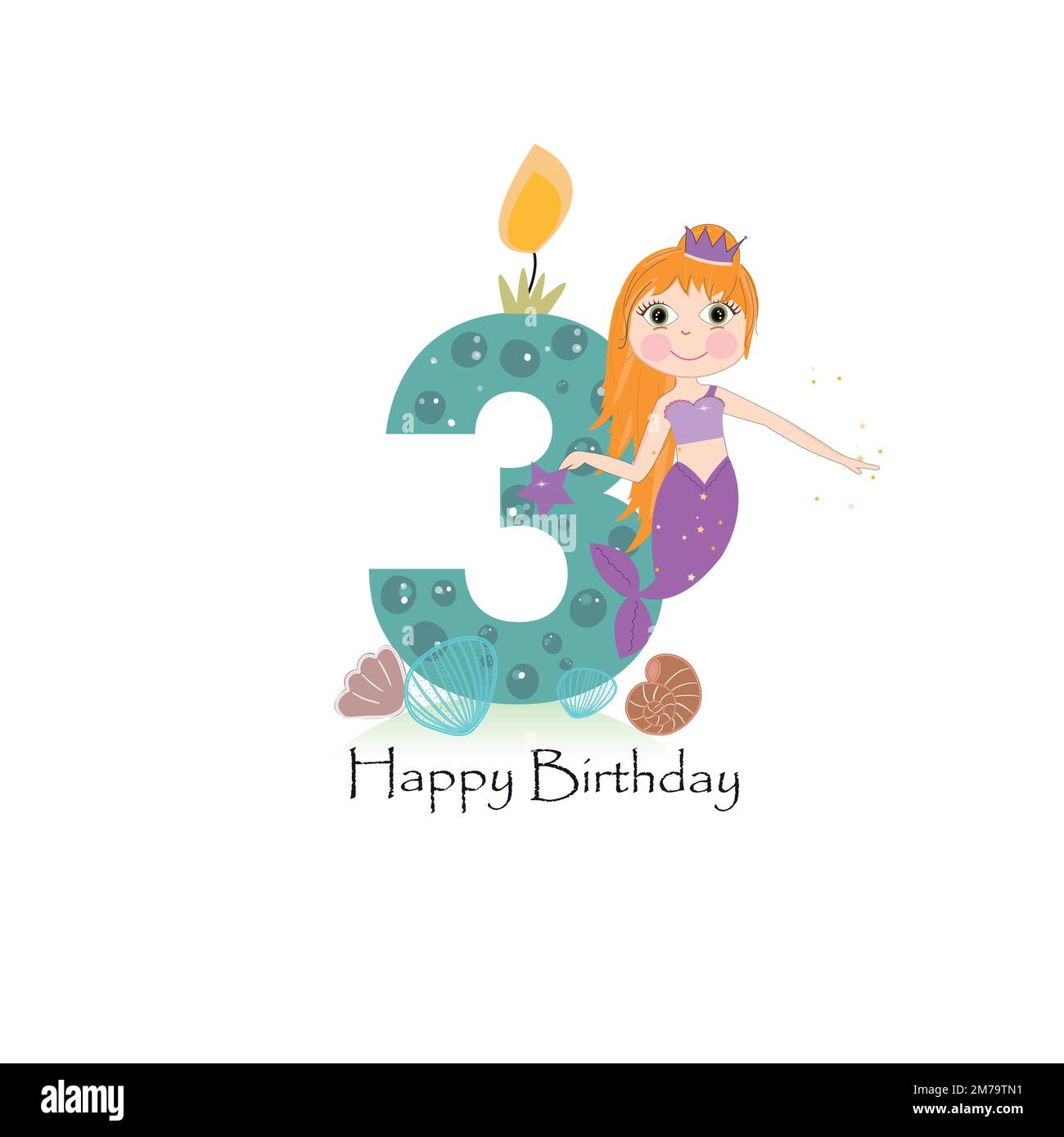 Cute little mermaid third birthday card three candle and marine life ...