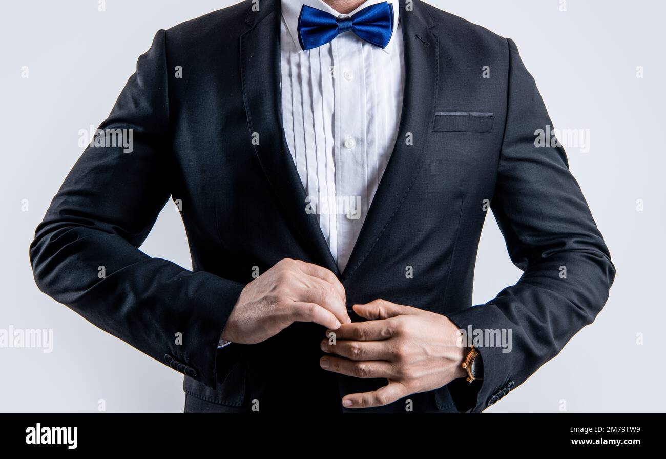 man wear tux formal suit, cropped view. man in tux isolated on white ...