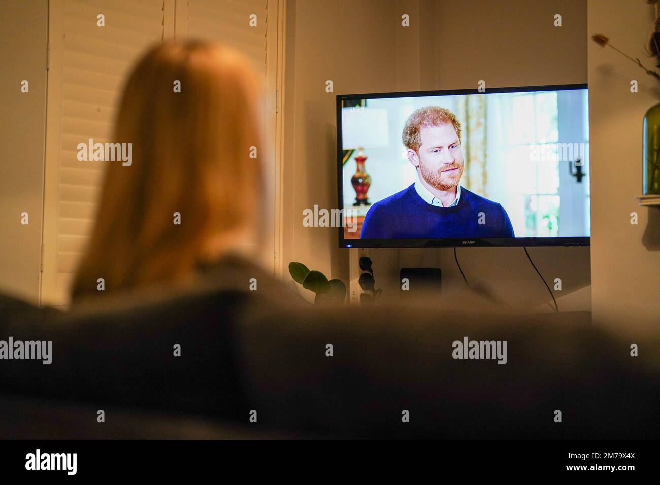 Georgia in Warwick, watching the Duke of Sussex being interviewed by ITV's Tom Bradby during ...