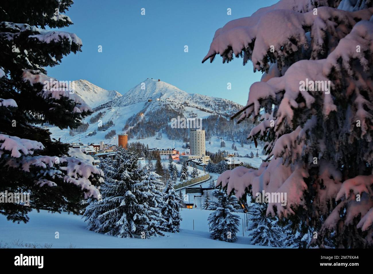 Overview of the snow-covered alpine village of Sestriere, which was the ...