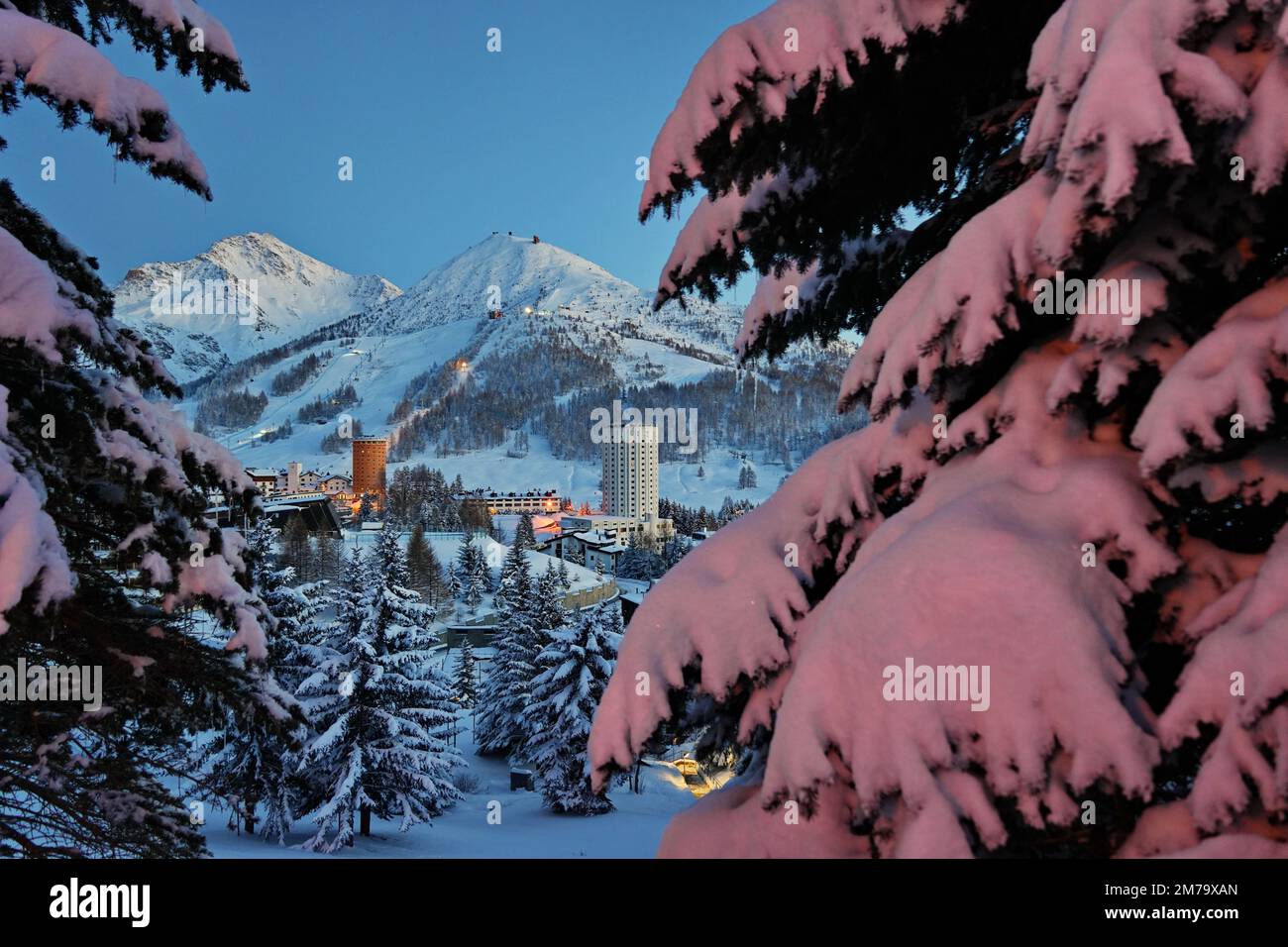 Overview of the snow-covered alpine village of Sestriere, which was the ...