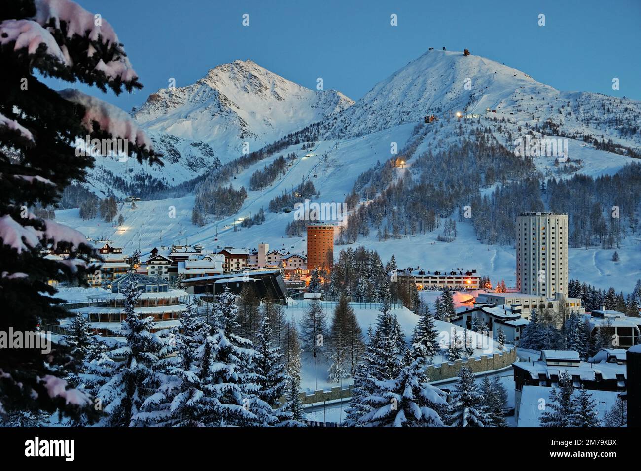 Overview of the snow-covered alpine village of Sestriere, which was the ...