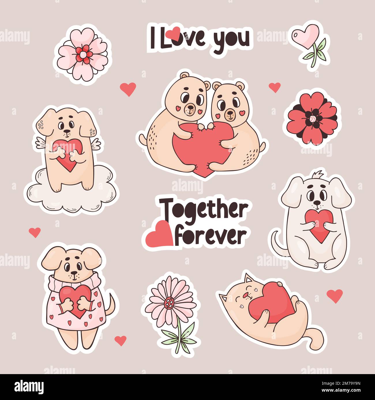 Stickers romantic animals. Cute couple bears, dogs and cats with heart ...