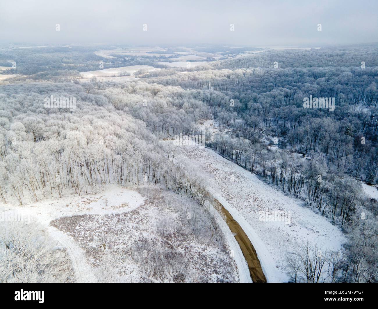 Aerial photograph of snowy woods in the Baraboo Hills, Columbia County ...