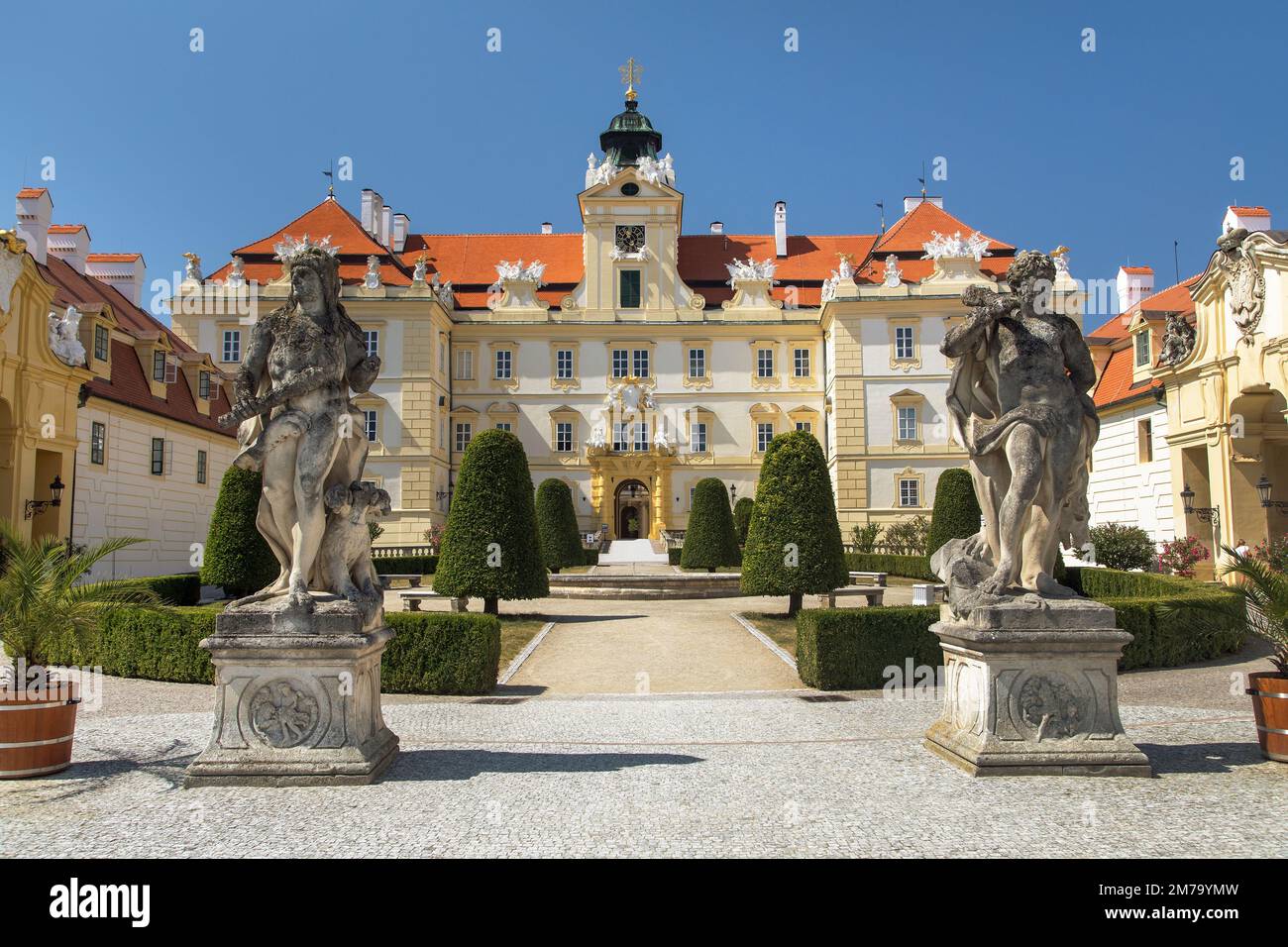 Baroque chateau in Valtice town, front view of the palace with statues ...