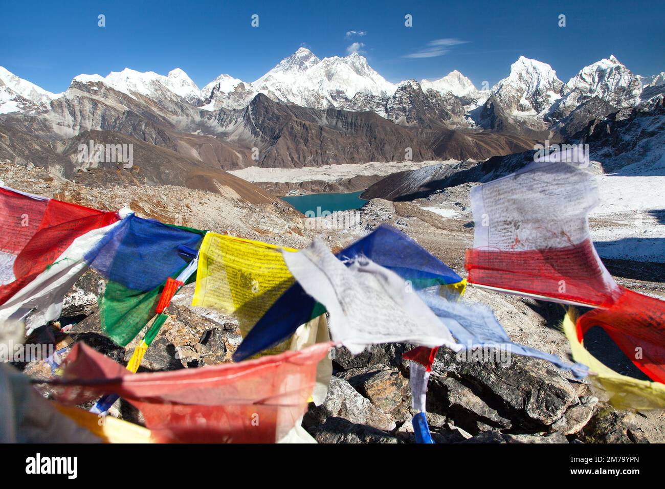 view of Mount Everest, Lhotse and Makalu with buddhist prayer flags ...