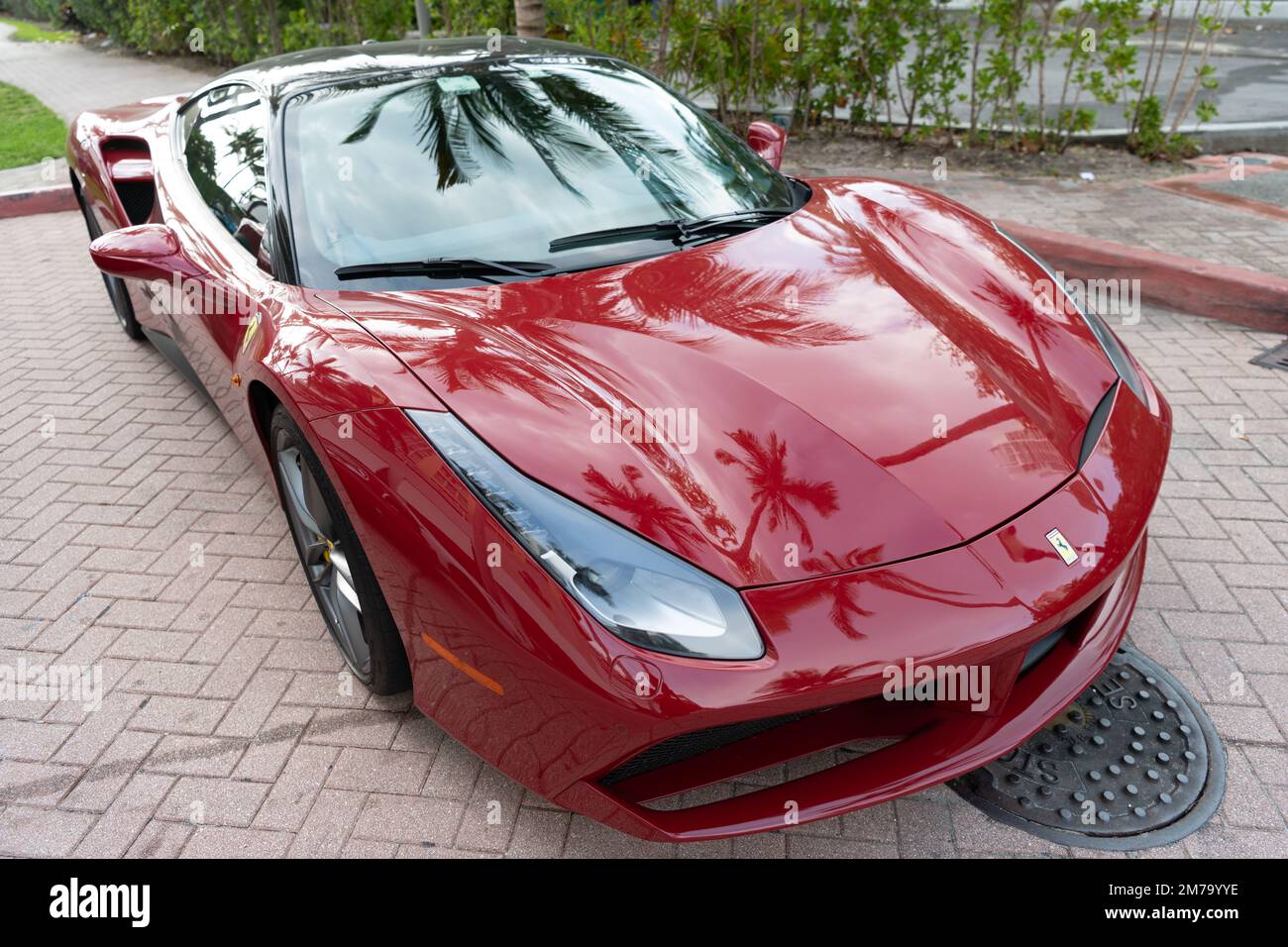 Miami Beach, Florida USA - April 18, 2021: red Ferrari 488 GTB, corner ...