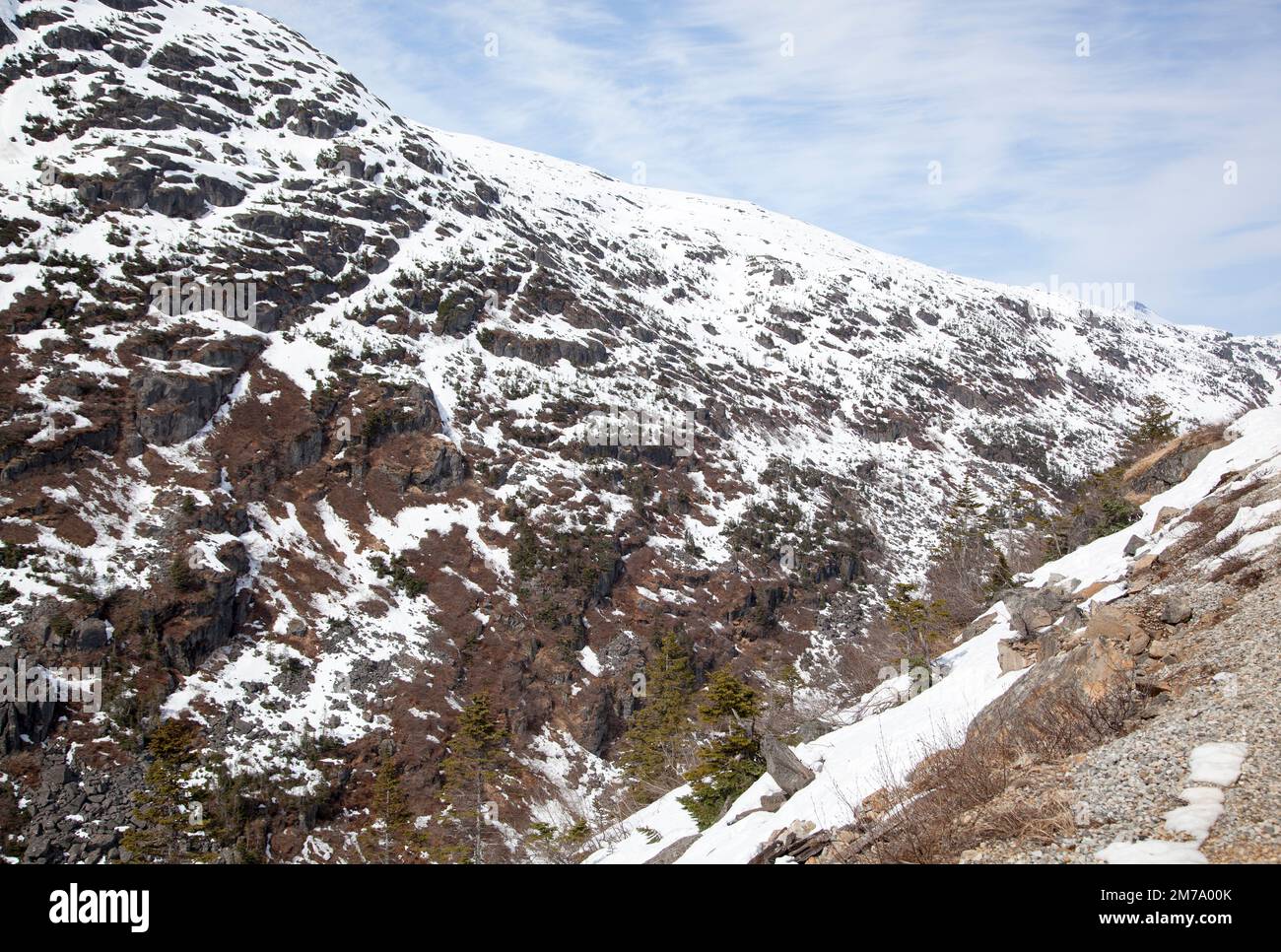 The springtime view of snowy mountains while traveling through White ...