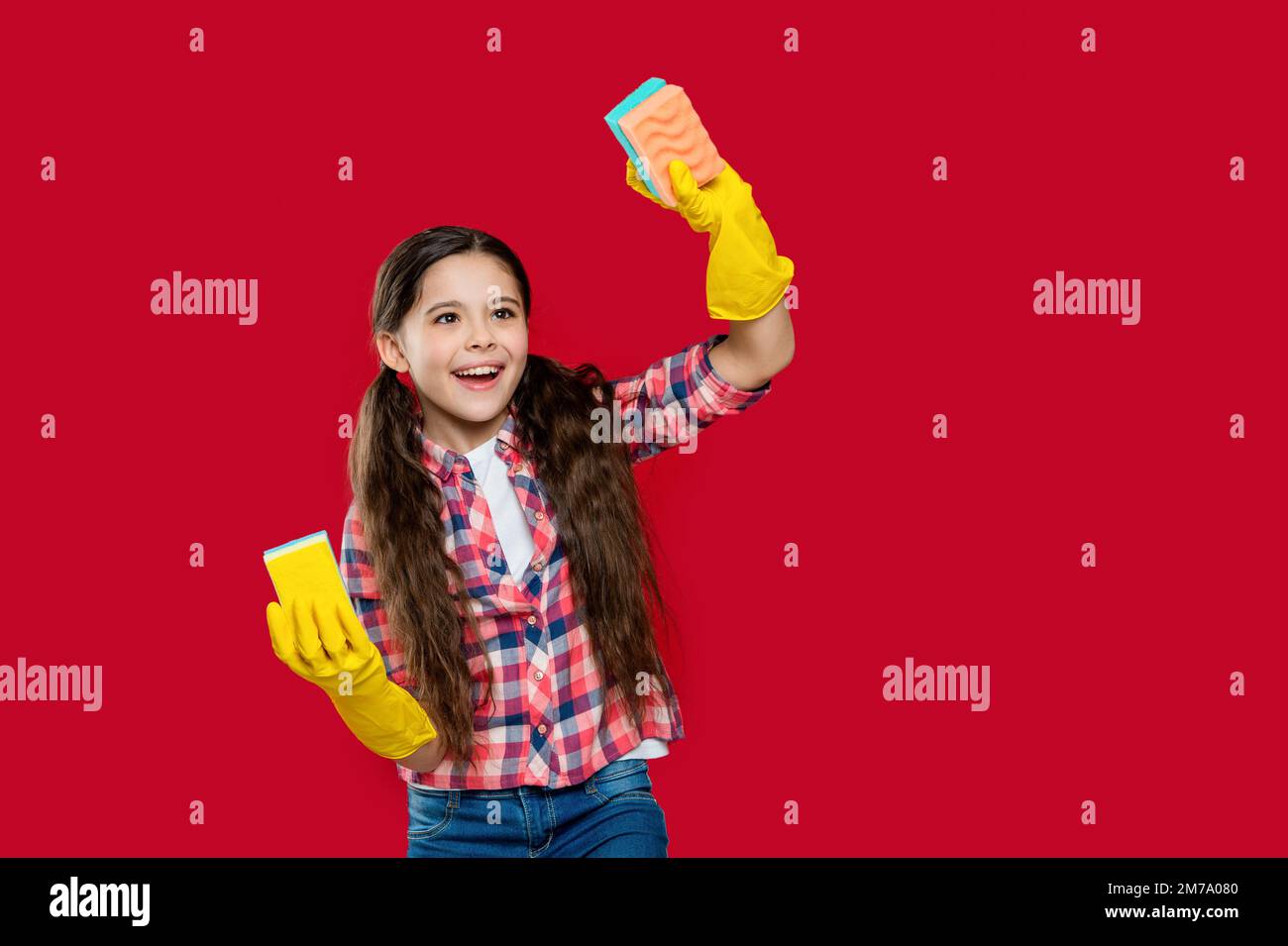 girl housecleaner do chores isolated on red, banner. girl housecleaner ...