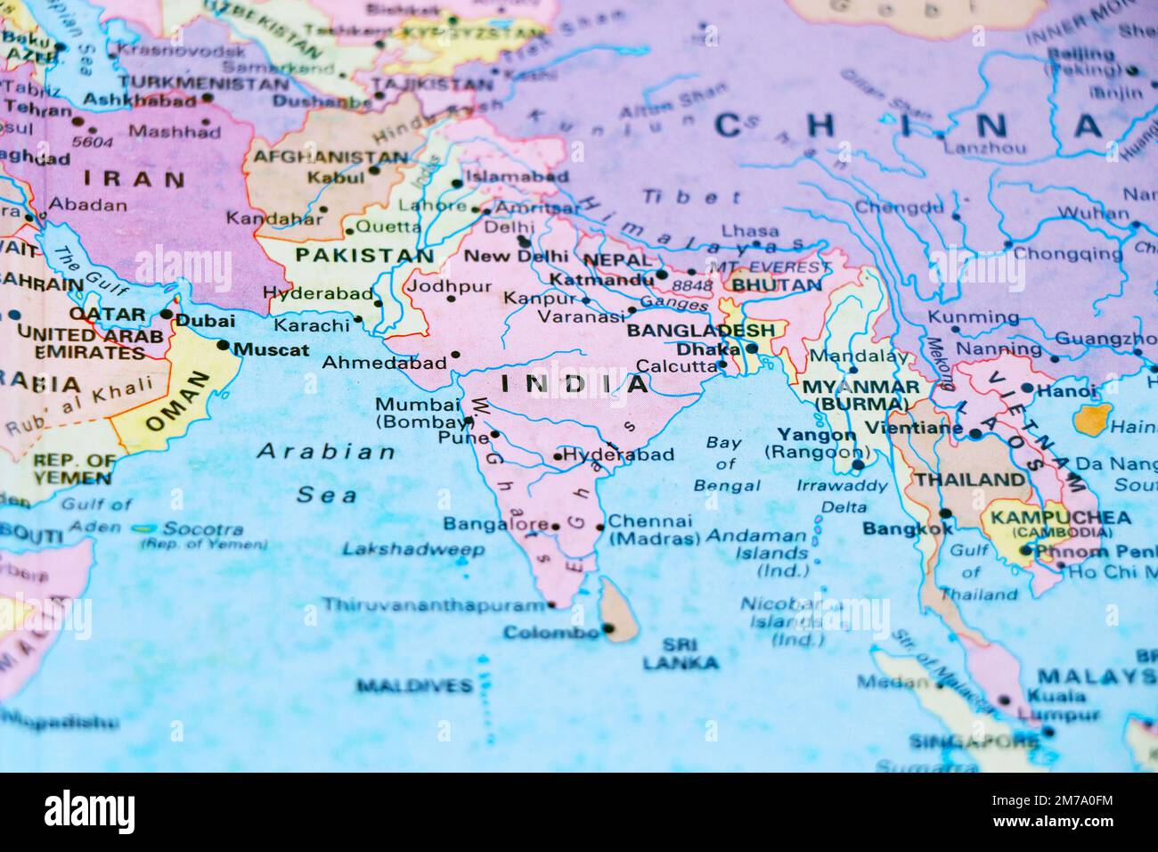 close up of a world map with asian side, India subcontinental in focus ...