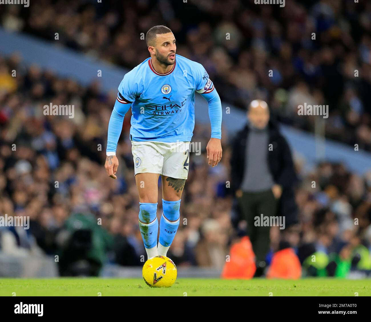 Kyle Walker #2 of Manchester City controls the ball during the FA Cup ...