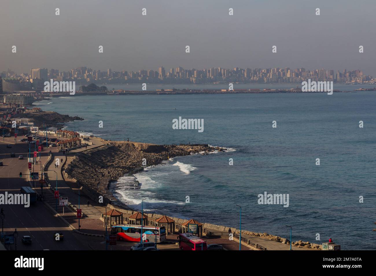 ALEXANDRIA, EGYPT - FEBRUARY 2, 2019: Aerial view of Corniche seaside ...