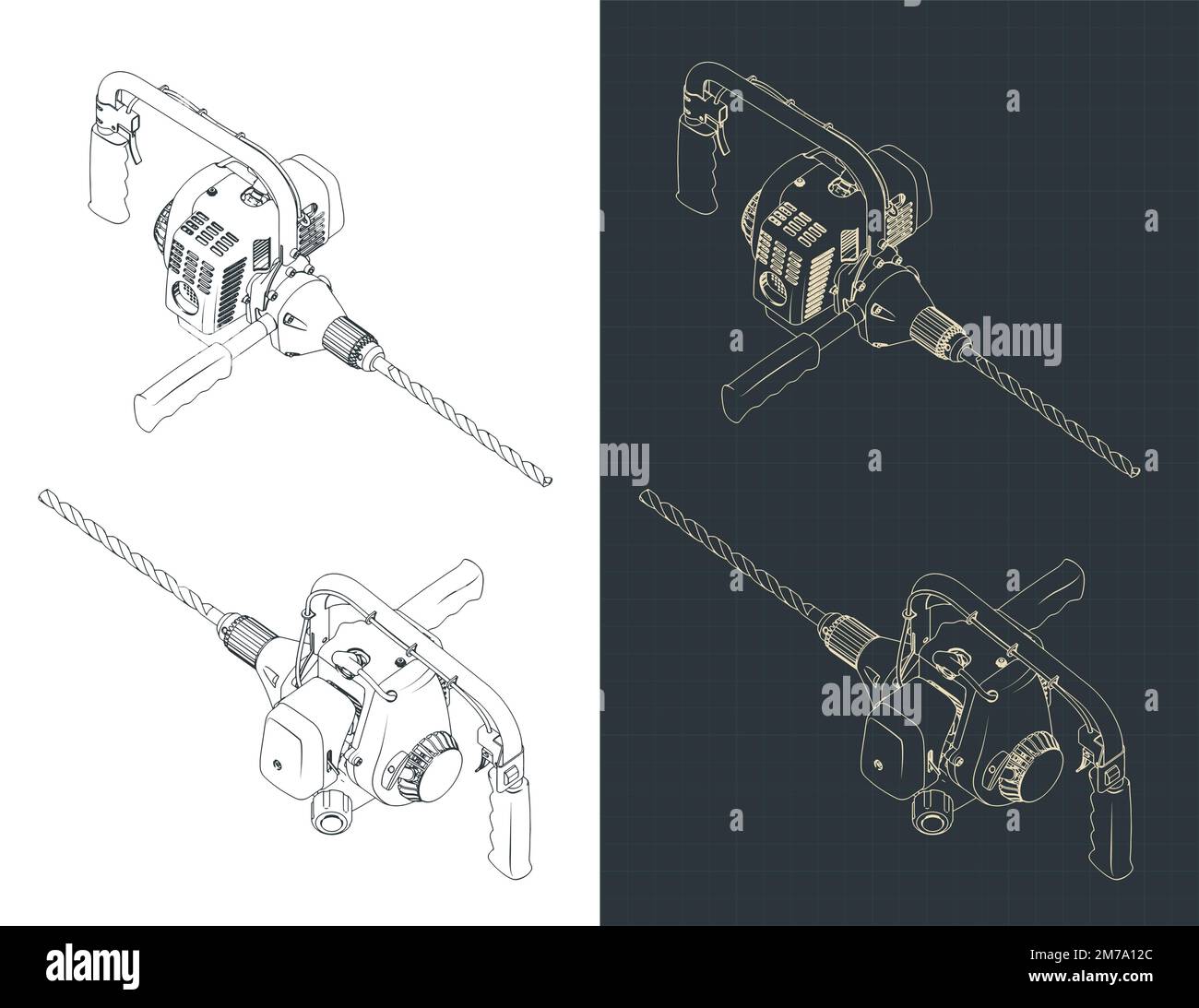Stylized vector illustration of isometric blueprints of powerful hammer ...