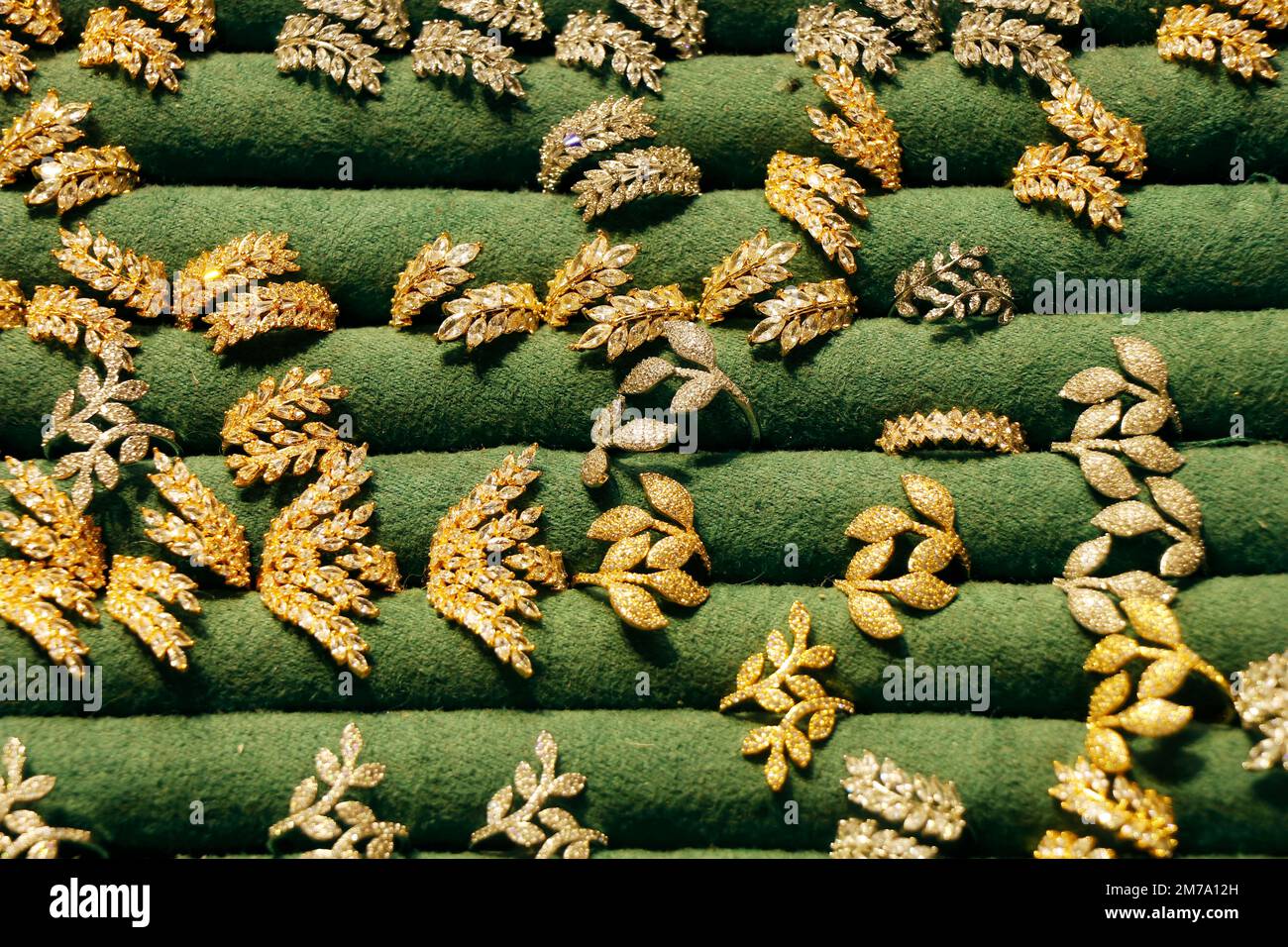 Gold jewelry diamond shop with rings and necklaces luxury retail store ...