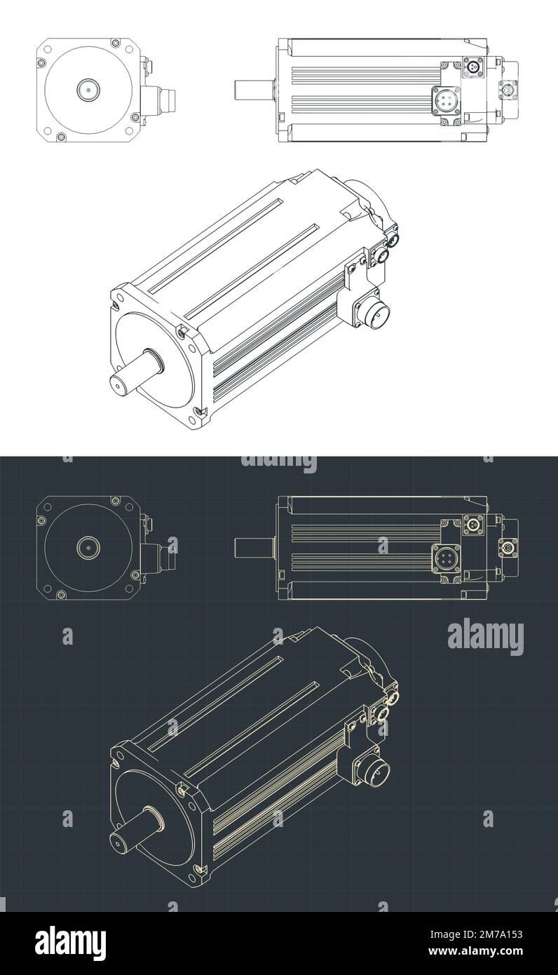 Stylized vector illustration of isometric blueprints of DC servo motor ...