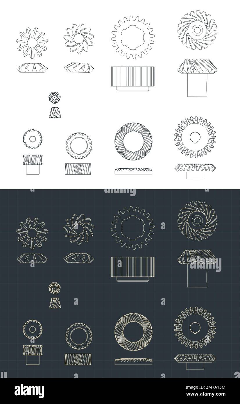 Stylized vector illustrations of blueprints of different types of gears ...