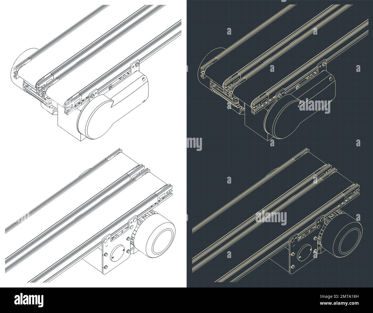 Stylized vector illustrations of isometric blueprints of double belt ...