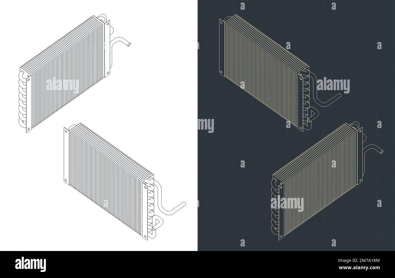 Stylized vector illustrations of isometric blueprints of heat exchanger ...