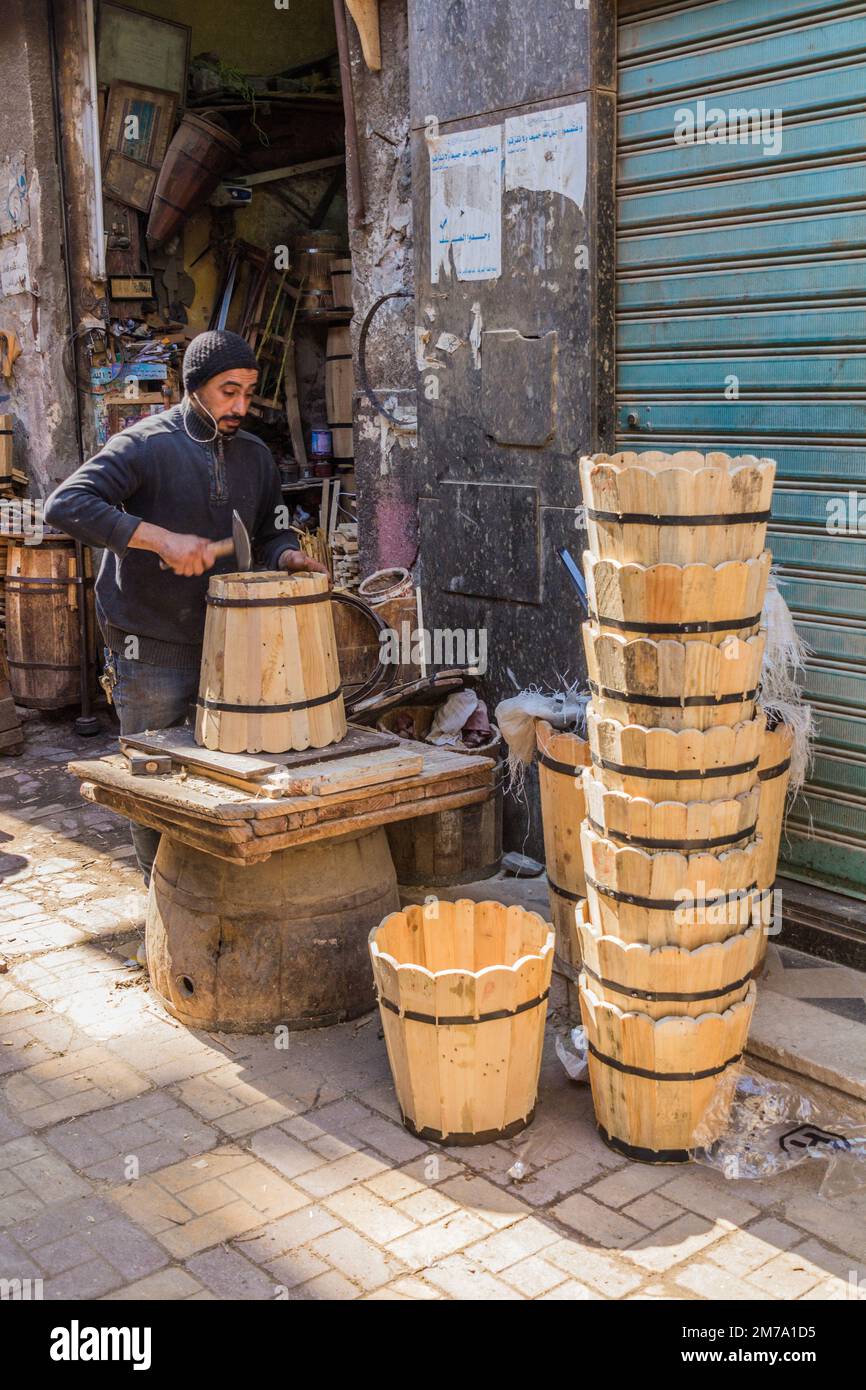 CAIRO, EGYPT - JANUARY 29, 2019: Bucket maker workshop in Cairo, Egypt ...