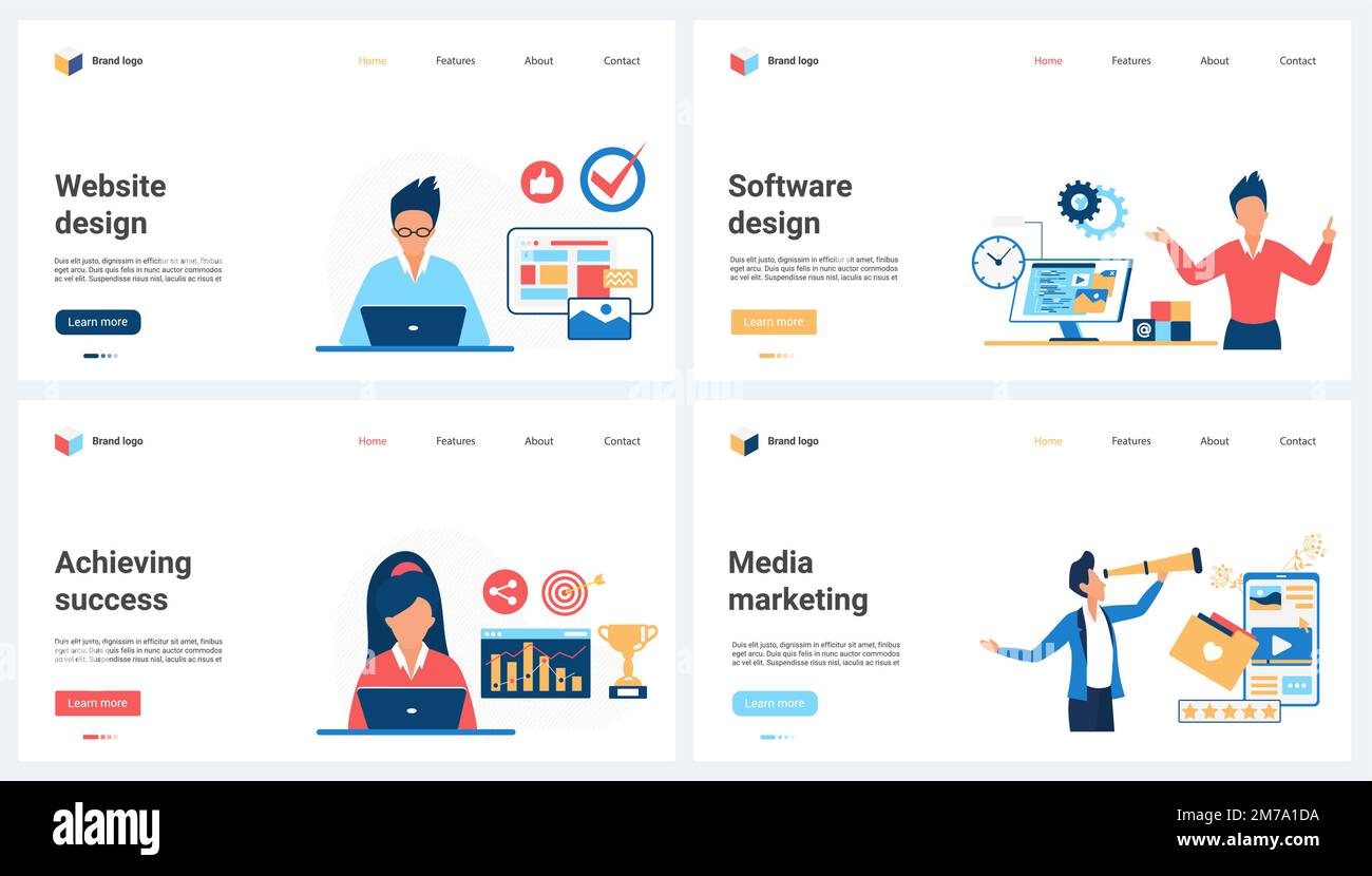 Website and software design, social media marketing, success achievement set vector illustration ...
