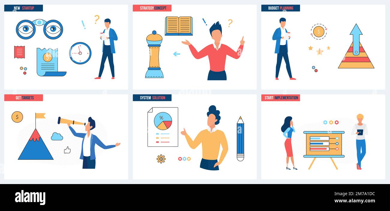 System solutions for budget planning, startup implementation strategy set vector illustration ...