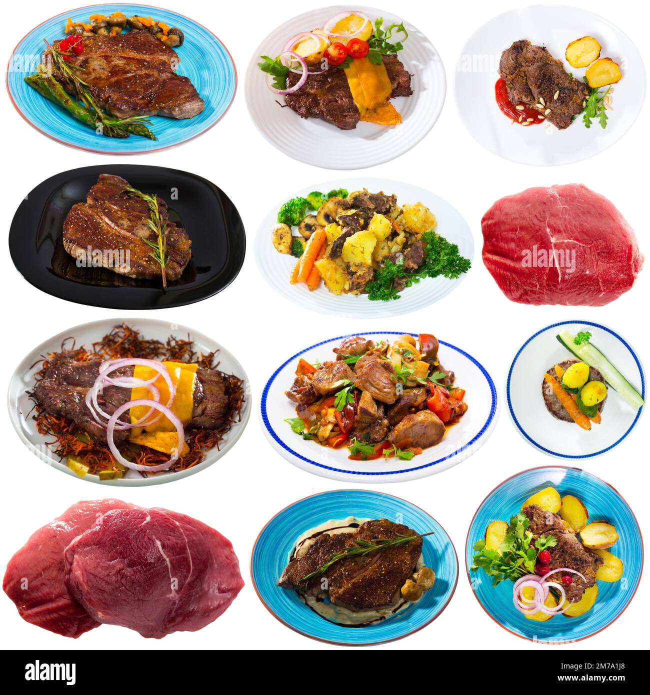 Assorted beef dishes on a white background Stock Photo - Alamy