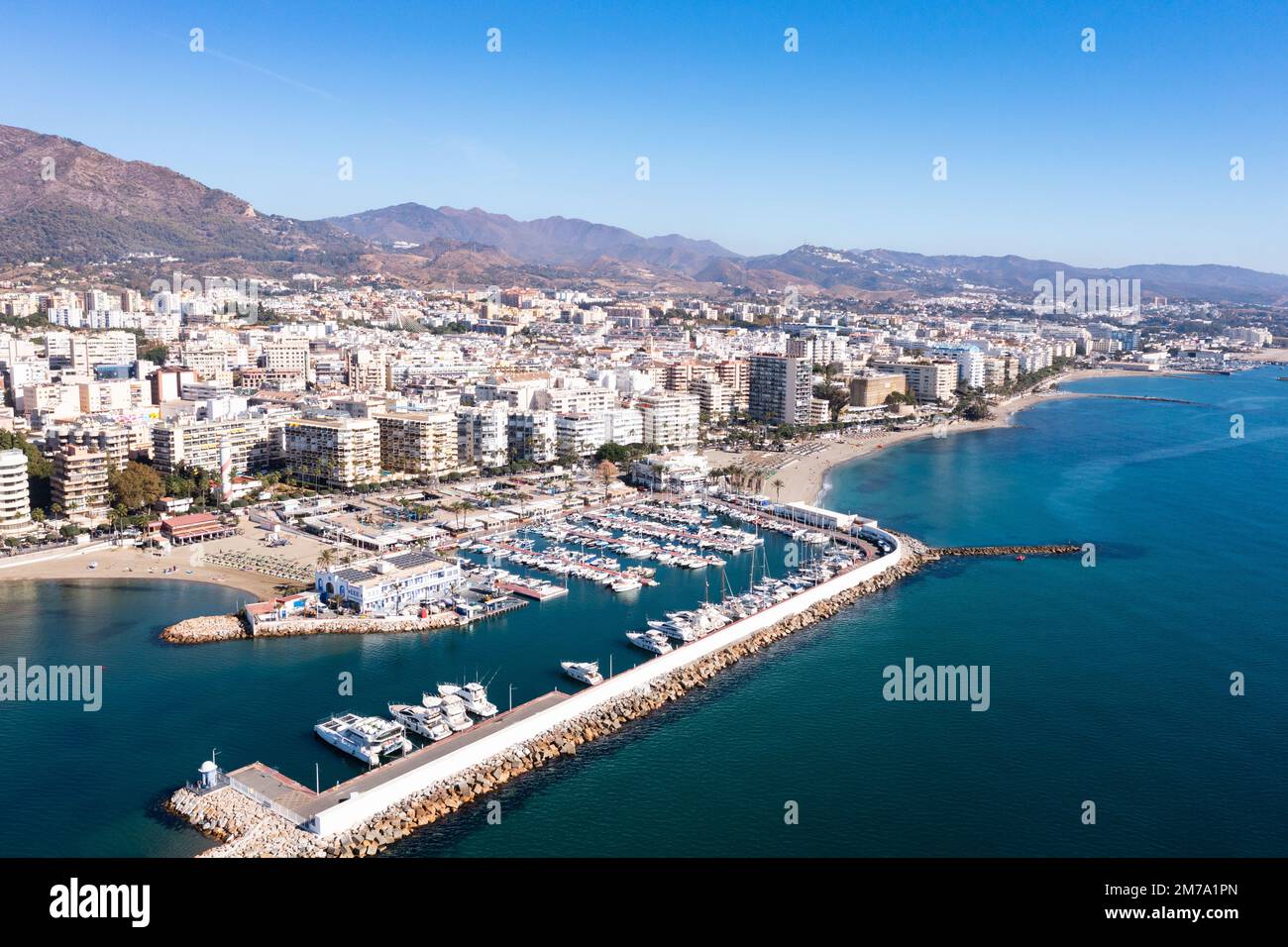 View from drone of coastal Mediterranean city of Marbella, Spain Stock ...