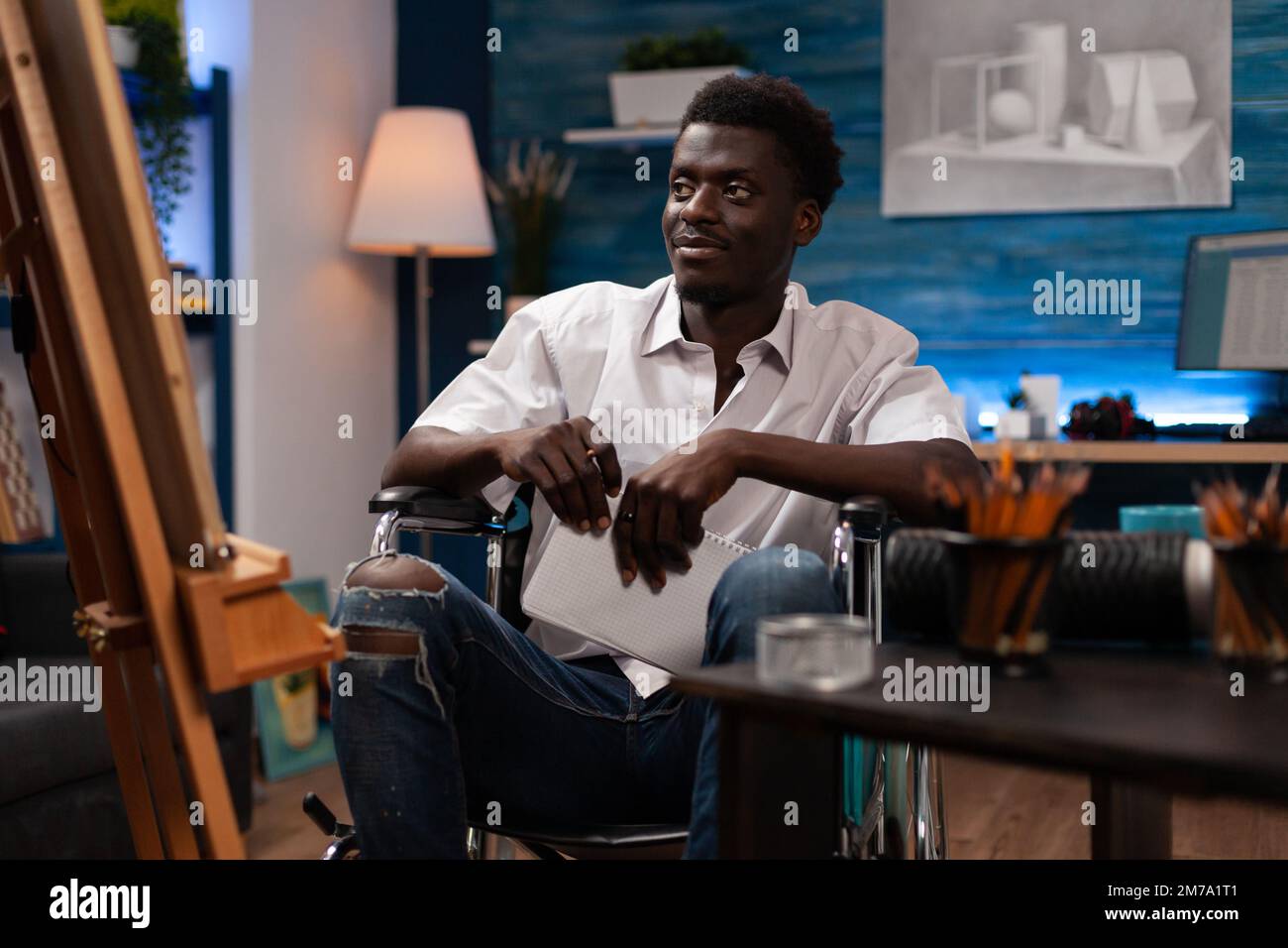 Drawing male student living with chronic disease admiring finished ...