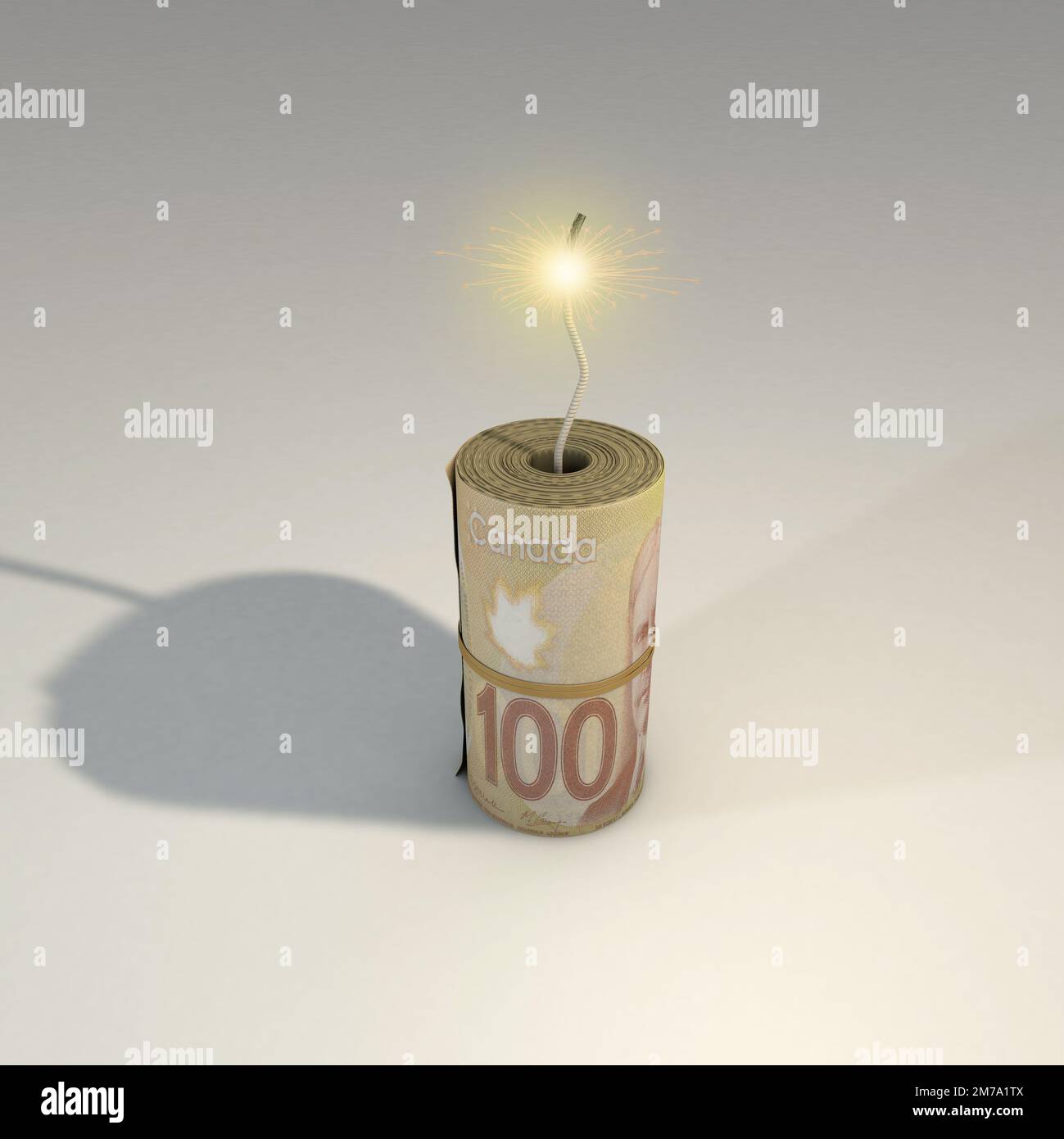 A 3d illustration of a Canadian money roll dynamite on a white ...