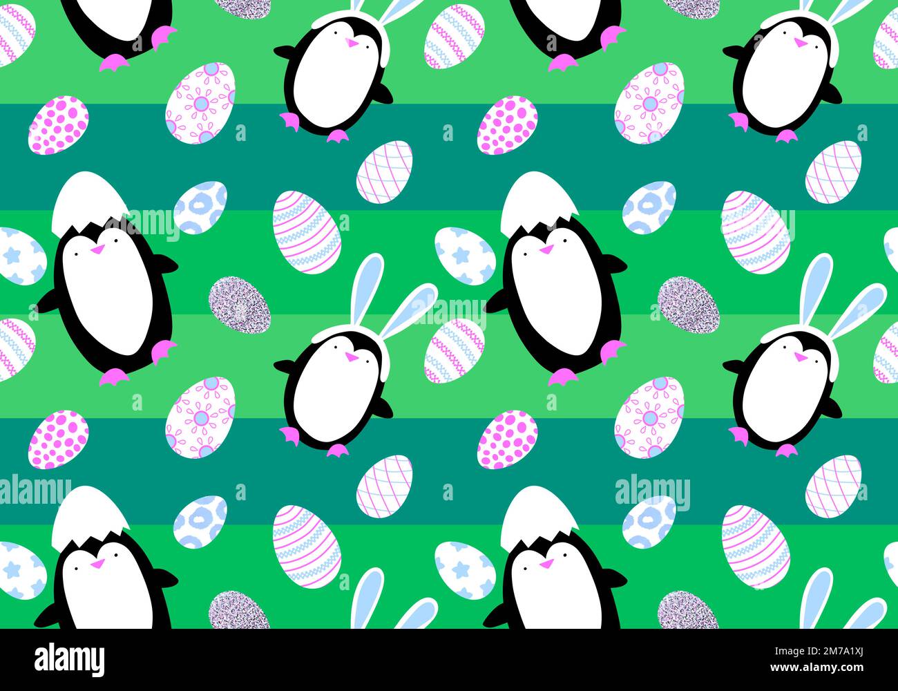 Easter eggs spring seamless animals penguin with rabbit ears cartoon ...
